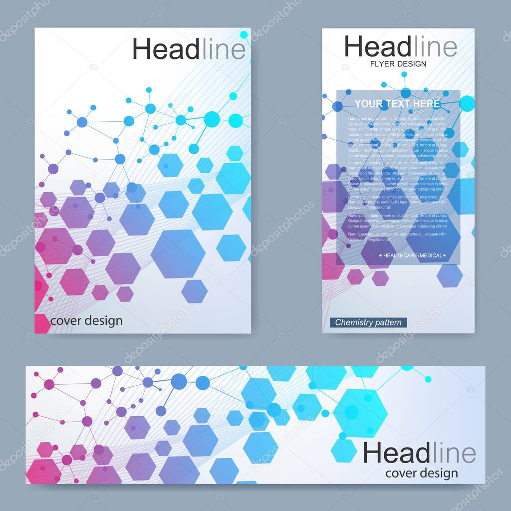 Set volante, folleto tama o A4 plantilla, banner. Estructura molecular con l neas y puntos ...