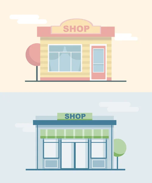 Shops and stores facade icons set in flat design style. Shop, Newspaper ... Shops and stores facade icons set in flat design style. Shop, Newspaper ...