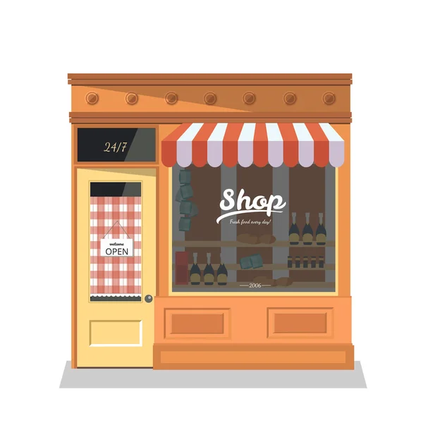 Shops and stores facade icons set in flat design style. Shop, Newspaper ...