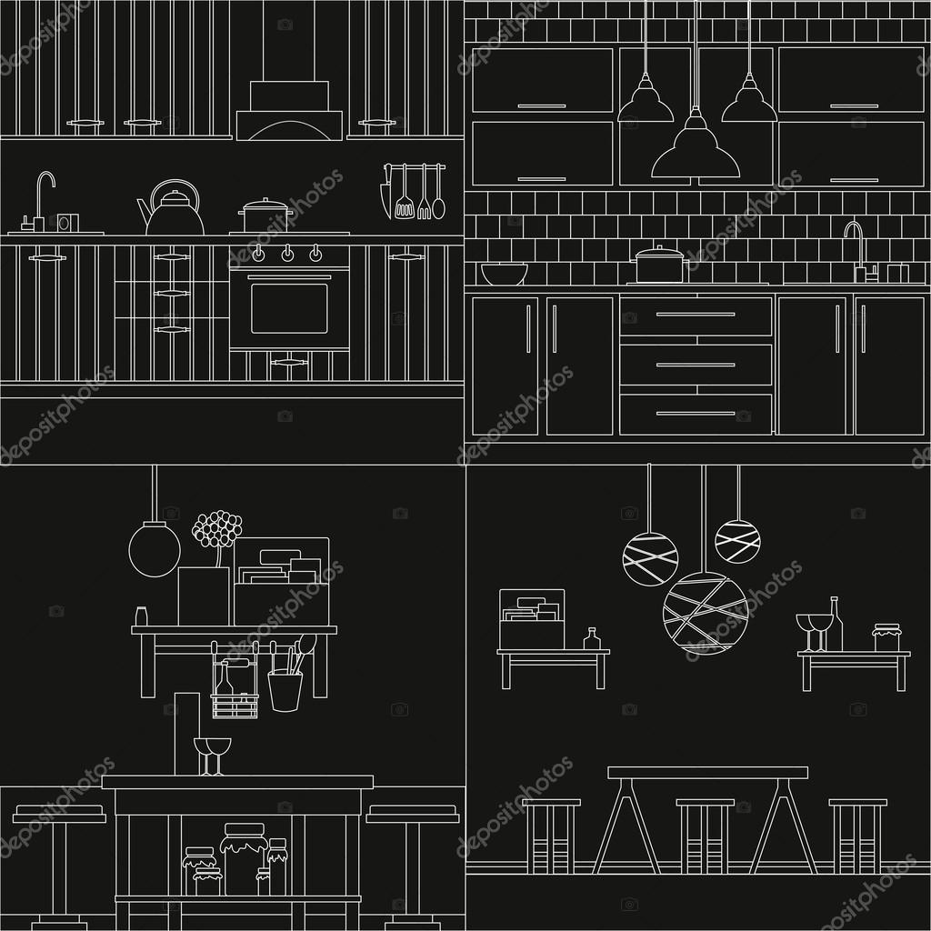Vector set of kitchen interior design in modern style. Stock Vector ...