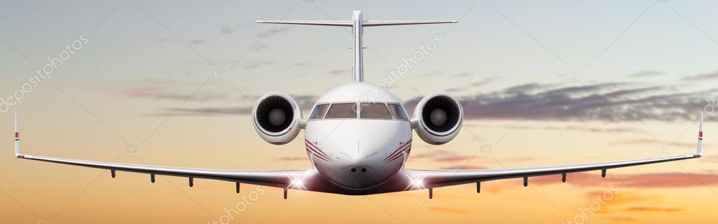Front shot of a private jet flying with nice sky — Stock Photo ...