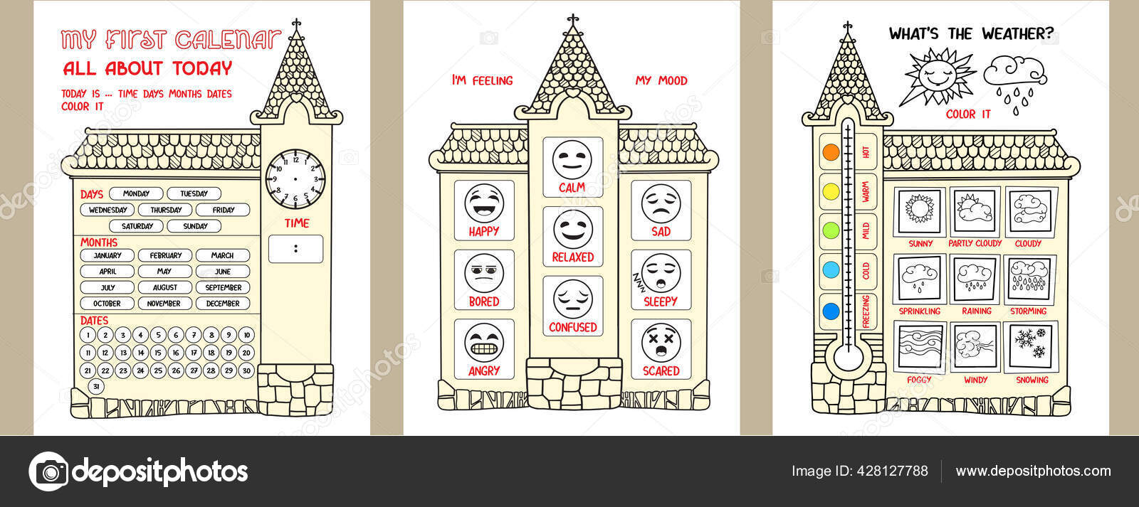 Coloring Page with kids diary calendar. Educational pages. Educational ...