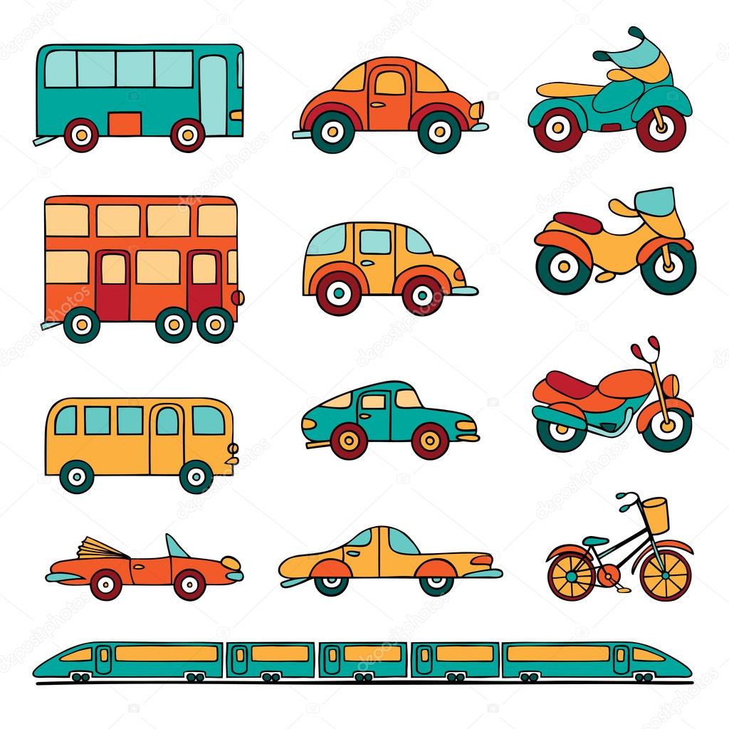 Conjunto de vectores del transporte terrestre de dibujos animados. 2024