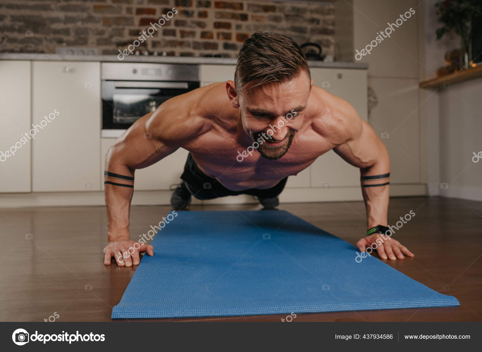 Happy Muscular Man Beard Doing Pushups Blue Yoga Mat His Stock Photo by ...