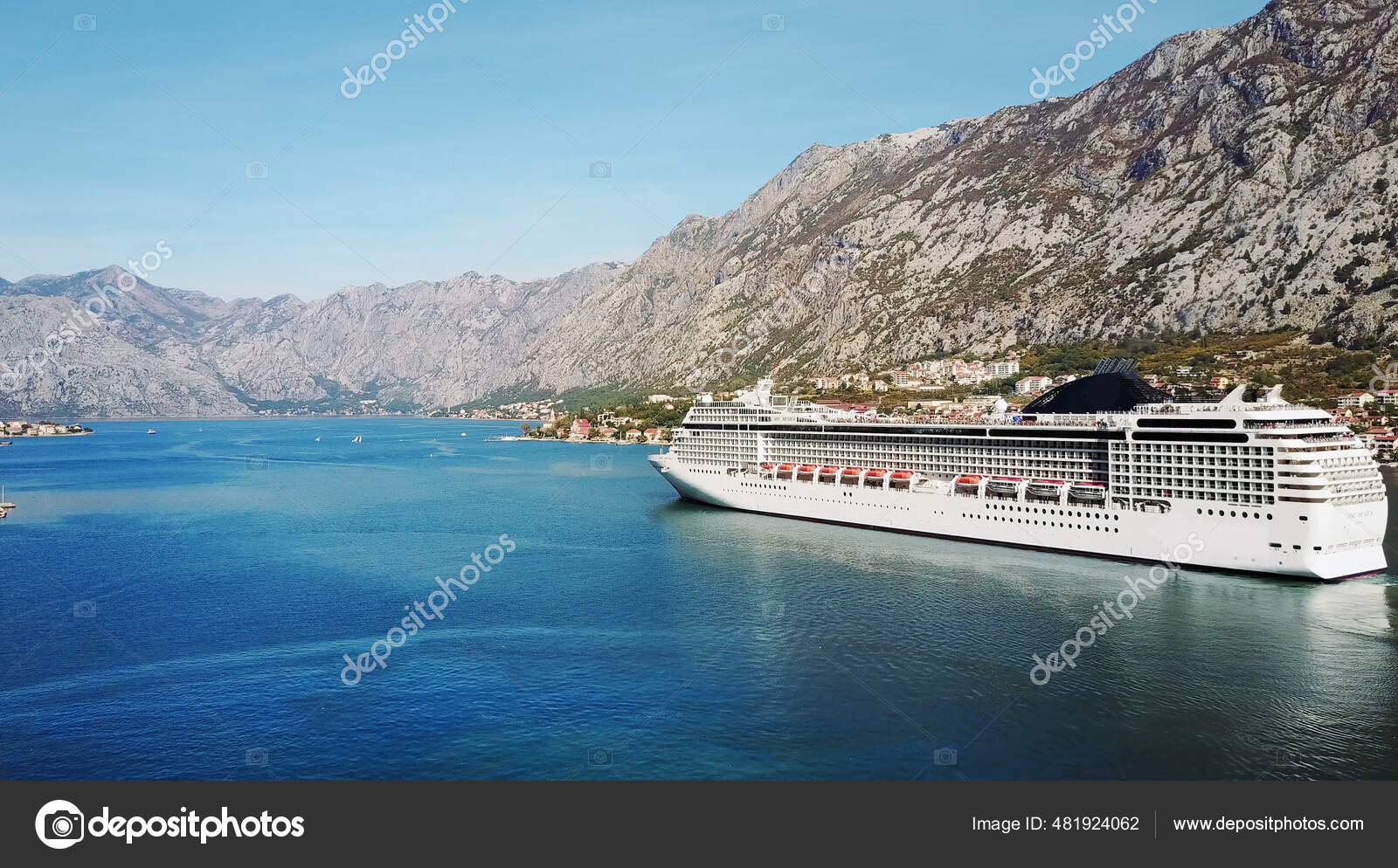 AERIAL. High flight and top view of Huge Luxury cruise ship proceed on ...