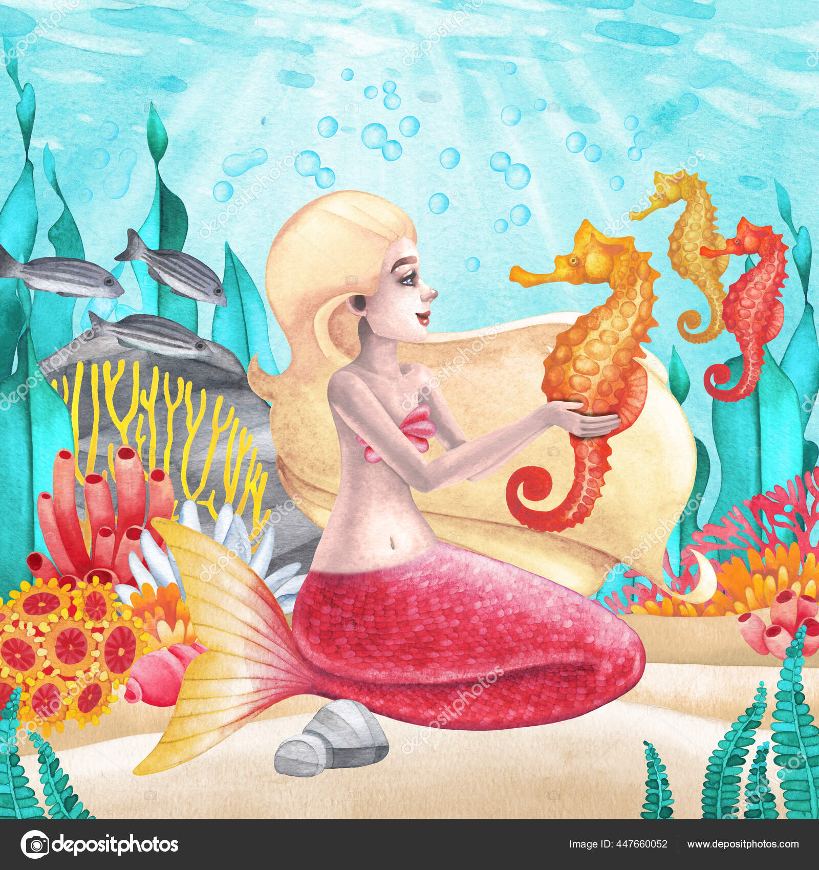 Watercolor mermaid sits on the sandy ocean bottom and plays with the ...