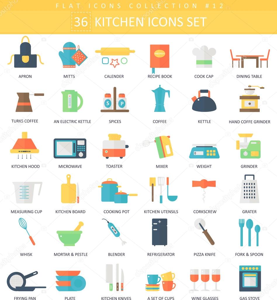Vector kitchen color flat icon set. Elegant style design. — Stock ...