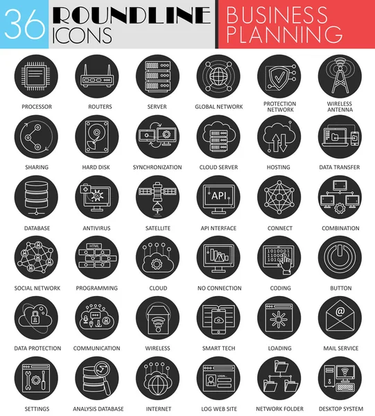 Vector business project planning circle white black icon set. Modern ...