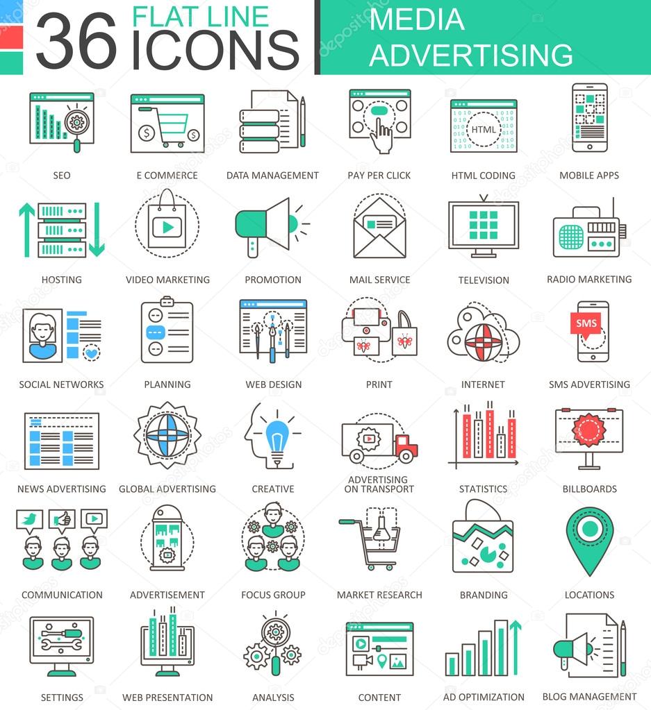 Vector Media advertising modern color flat line outline icons for apps ...