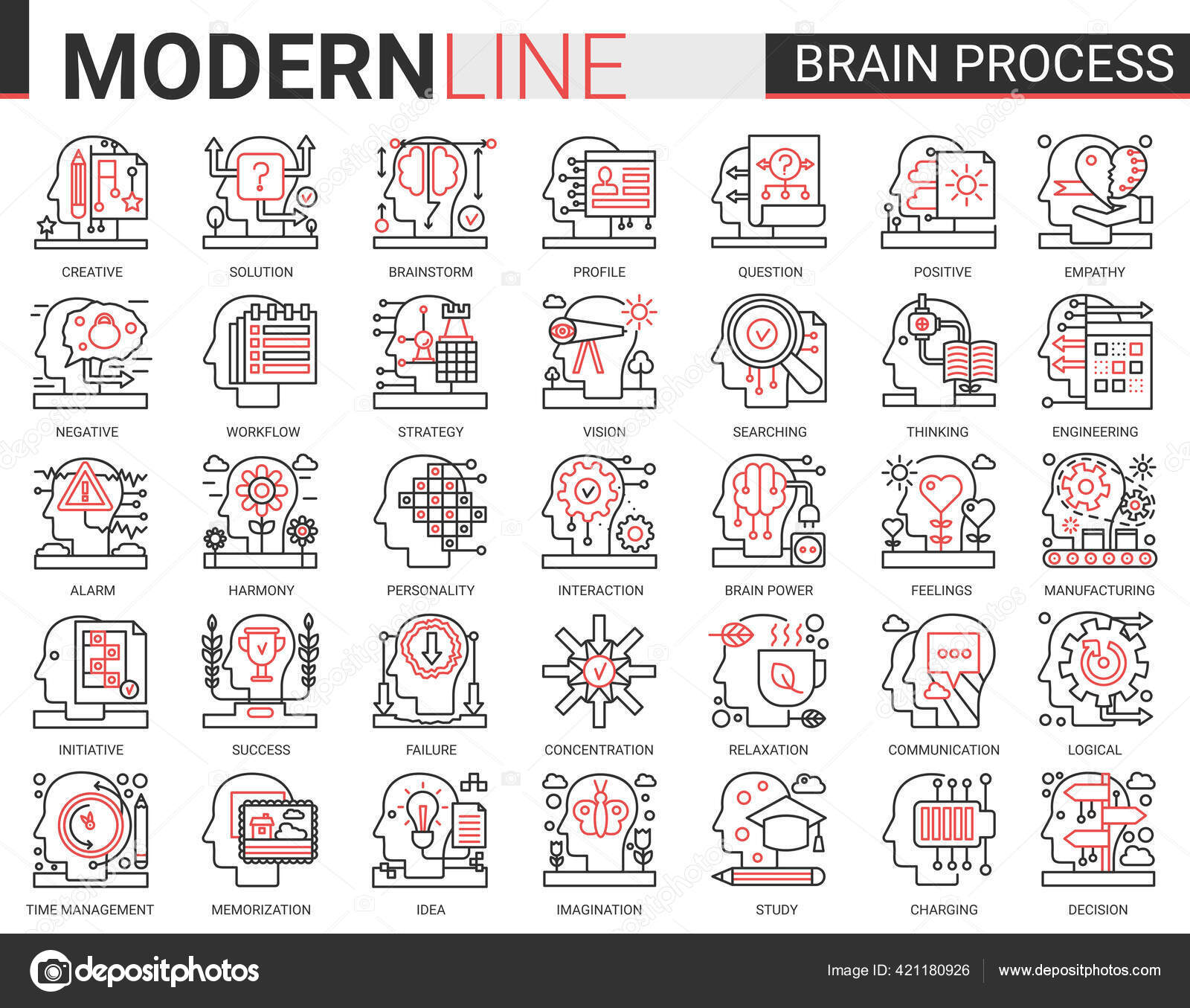 Brain process thin red black line icons vector illustration set with ...