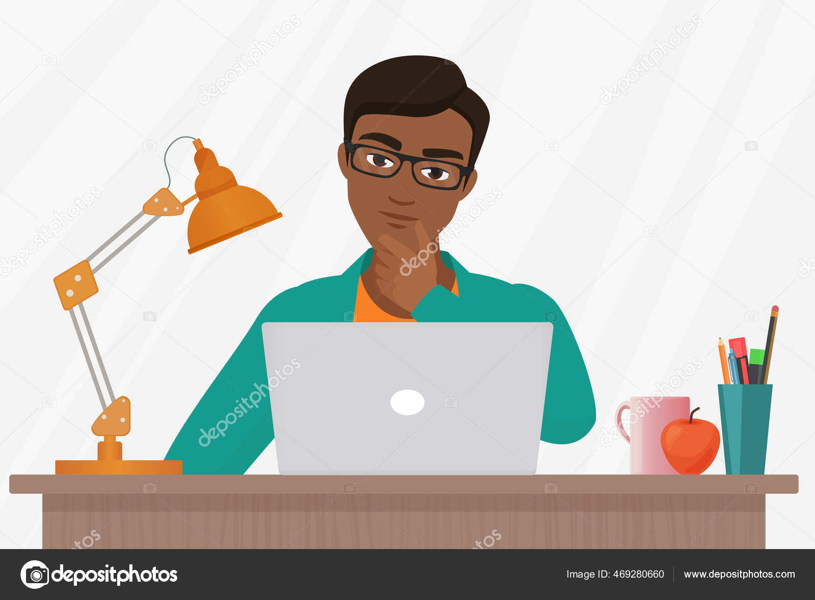 People think, work study questions, thoughtful young man working on ...