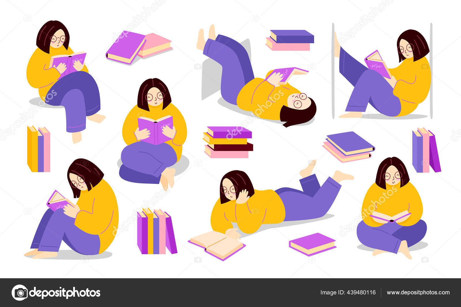 Girl Reading Book Different Poses Various Stack Books Woman Standing ...