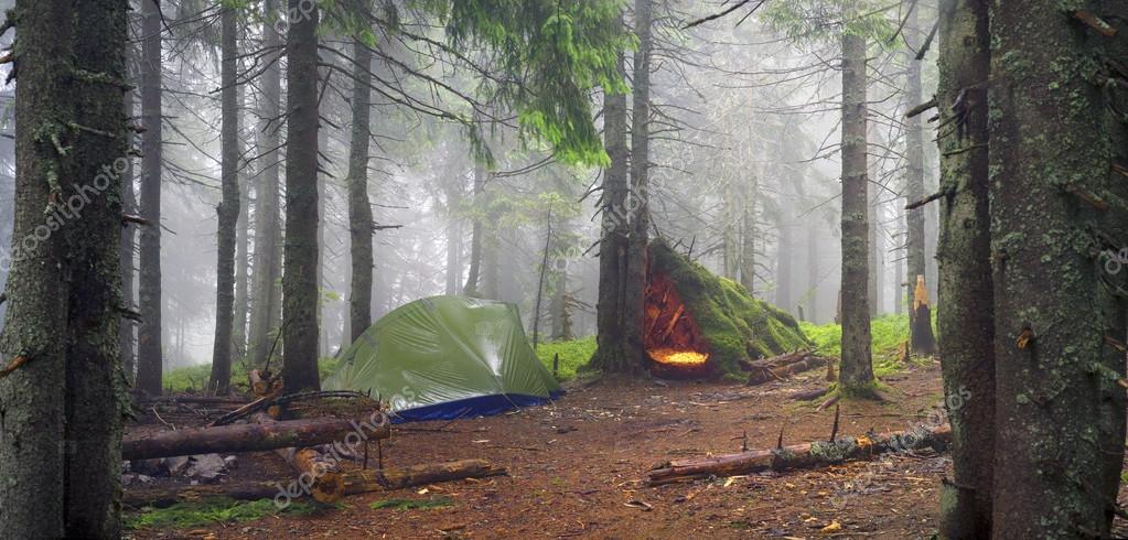 Hut tent in spruce forest — Stock Photo © panaramka.ukr.net #90355054