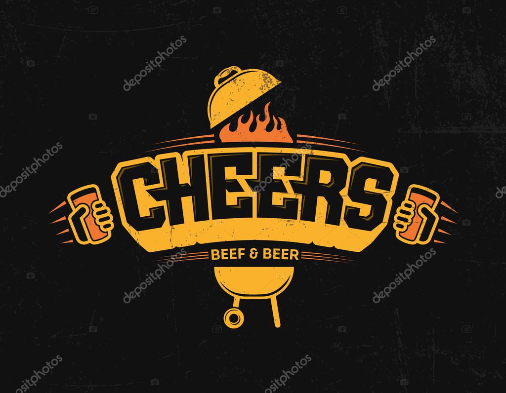 Cheers lettering print grill beef and beer fire illustration Stock ...