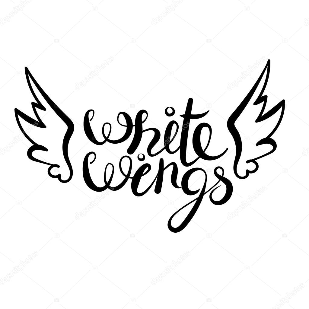 White wings lettering text isolated calligrapgic curly style ...