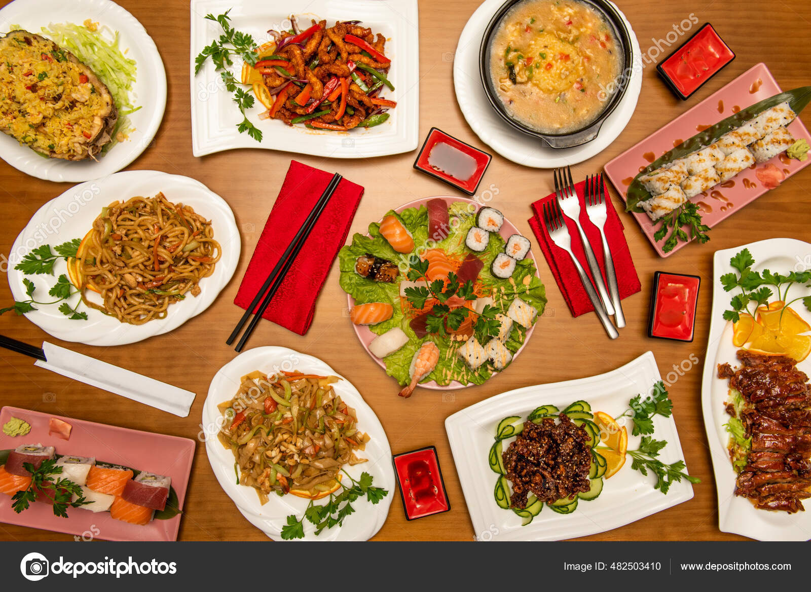 Sushi Dishes Chinese Food Assorted Nigiri Noodles Shrimp Sauted ...