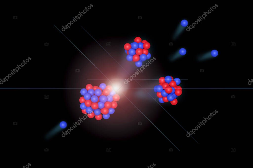 Neutrón golpeando un núcleo atómico, haciendo que se divida en dos ...