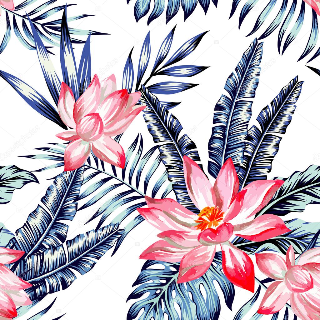 Loto rosa y hojas de palma azul fondo sin costuras Vector de stock por ©berry2046 118969304