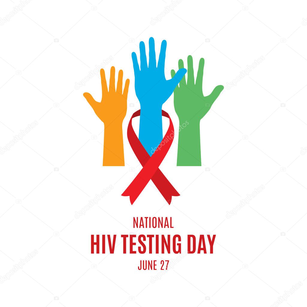 Día Nacional de Pruebas de VIH vector. Manos coloreadas con hiv ayudas cinta roja icono vector ...