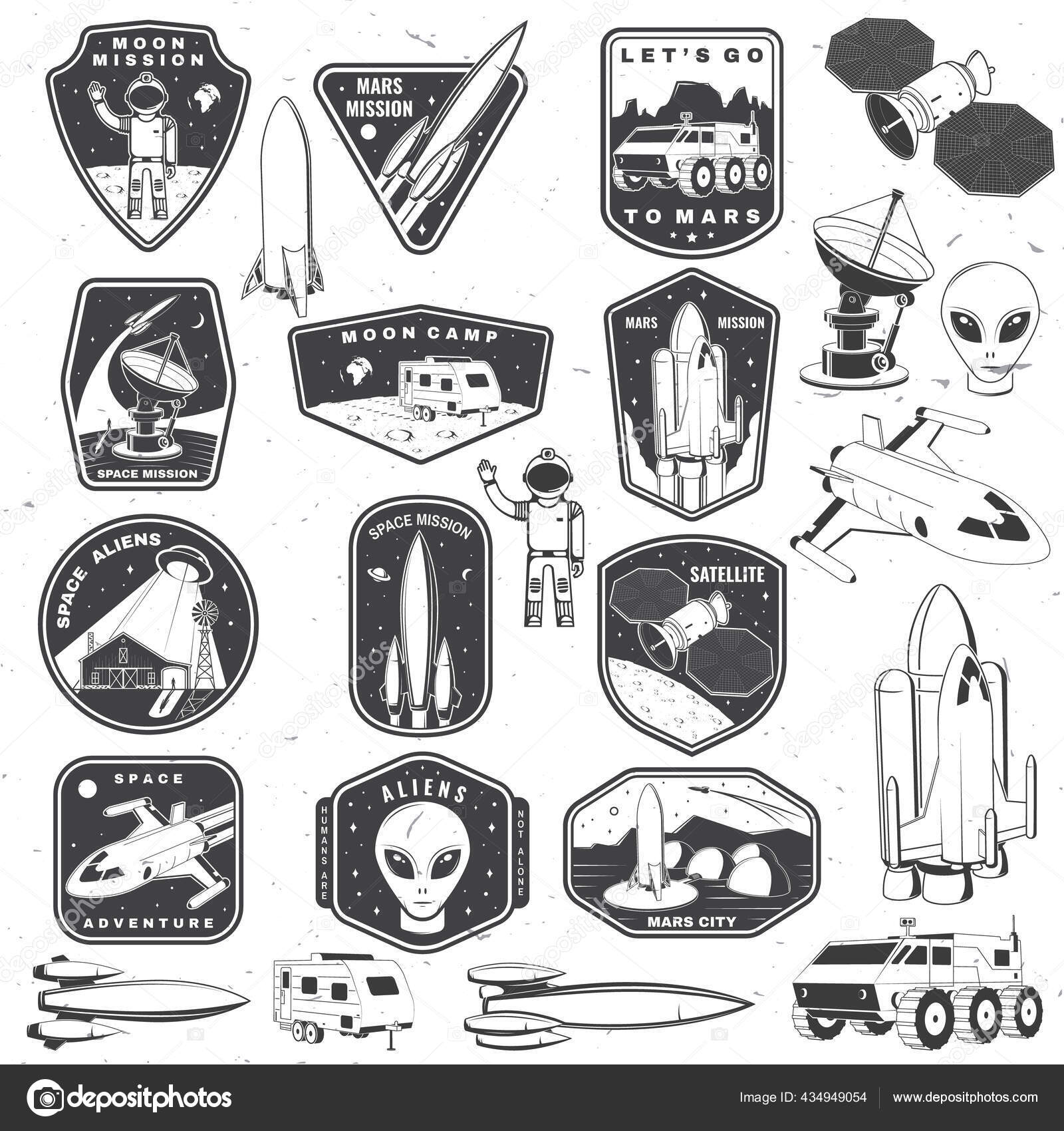 Set of space mission logo, badge, patch. Vector. Concept for shirt ...