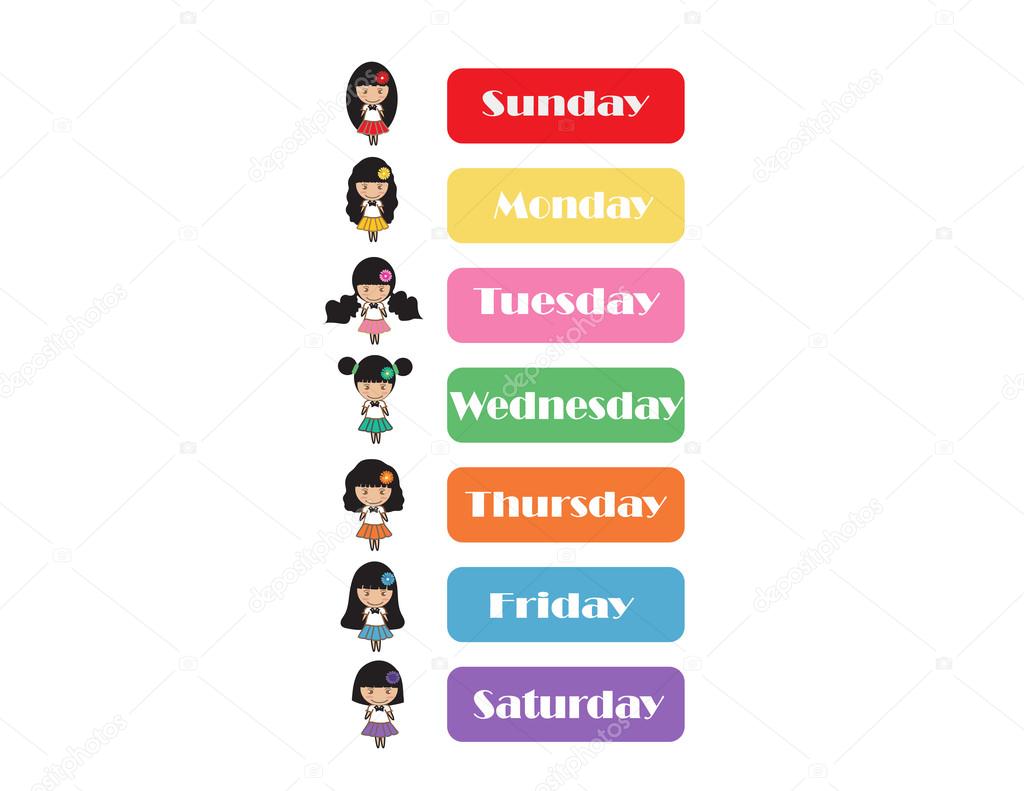 Día de la semana en dibujos animados de blanco background.cute — Vector ...