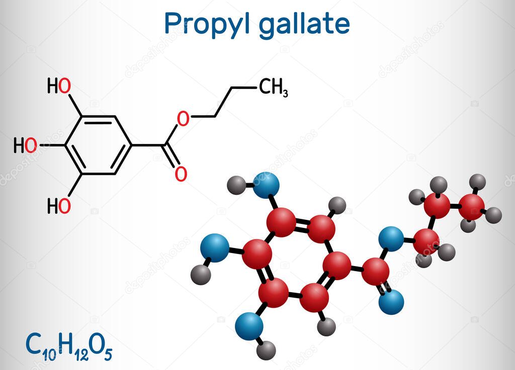 Galato de propilo, molécula de galato de N-propilo. Es antioxidante ...