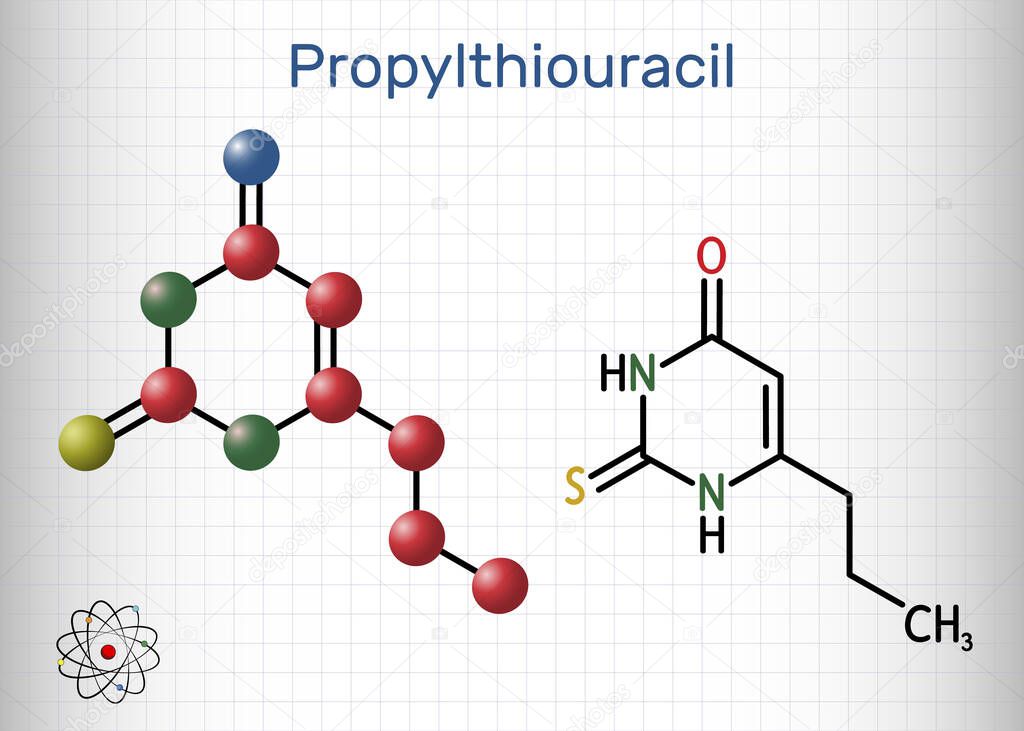 Propiltiouracilo, molécula de PTU. Es un derivado de la tiourea con ...