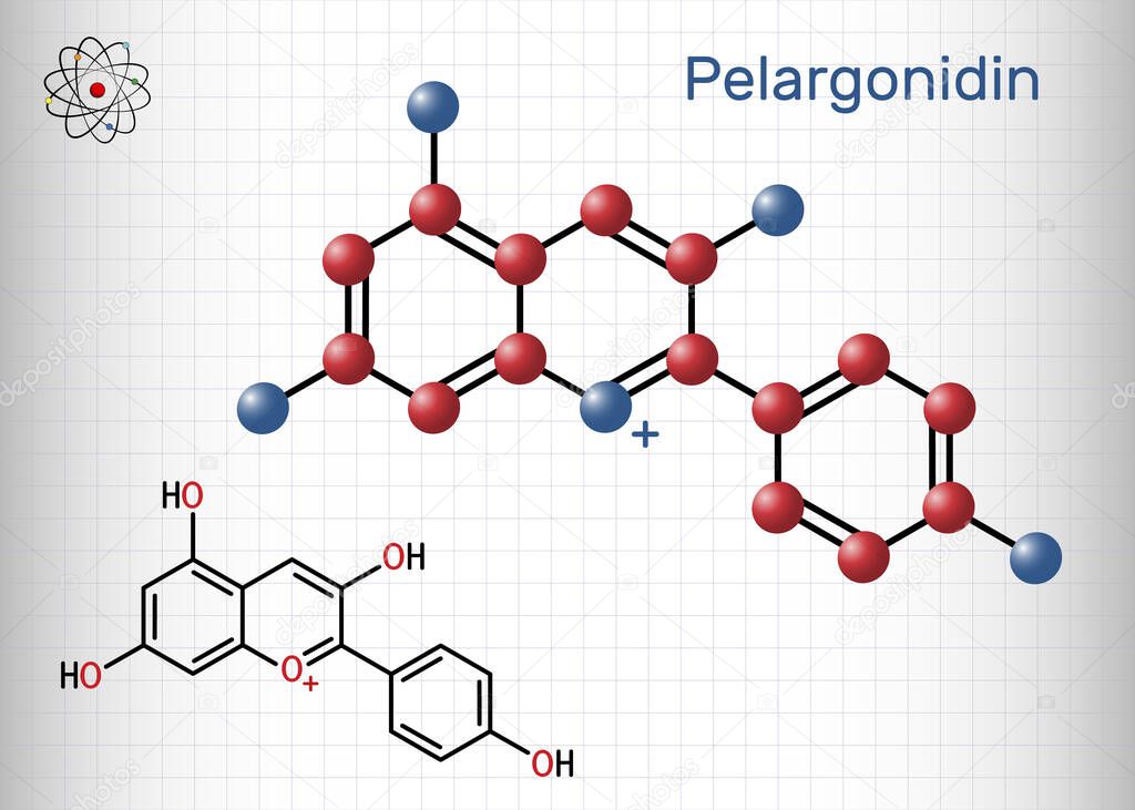 Molécula de pelargonidina. Es catión de antocianidina, pigmento vegetal ...