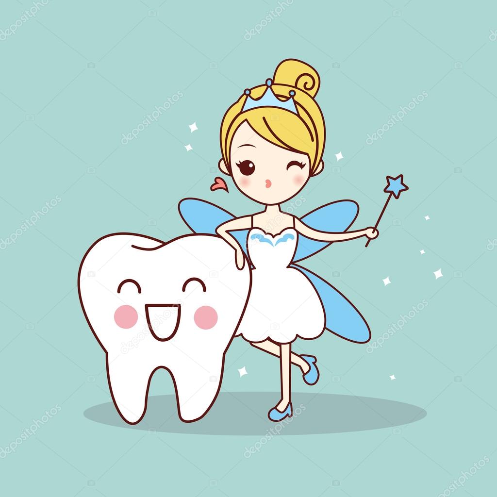 Cartoon tooth with tooth fairy — Stock Vector © etoileark #107523616