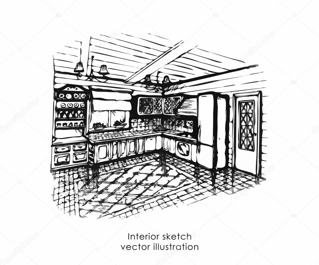 Hand drawn interior sketch. Home design kitchen Provence style, wood ...