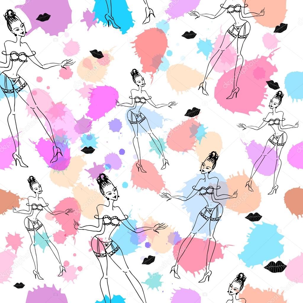 Cute beautiful abstract seamless pattern with girls and kisses Stock ...