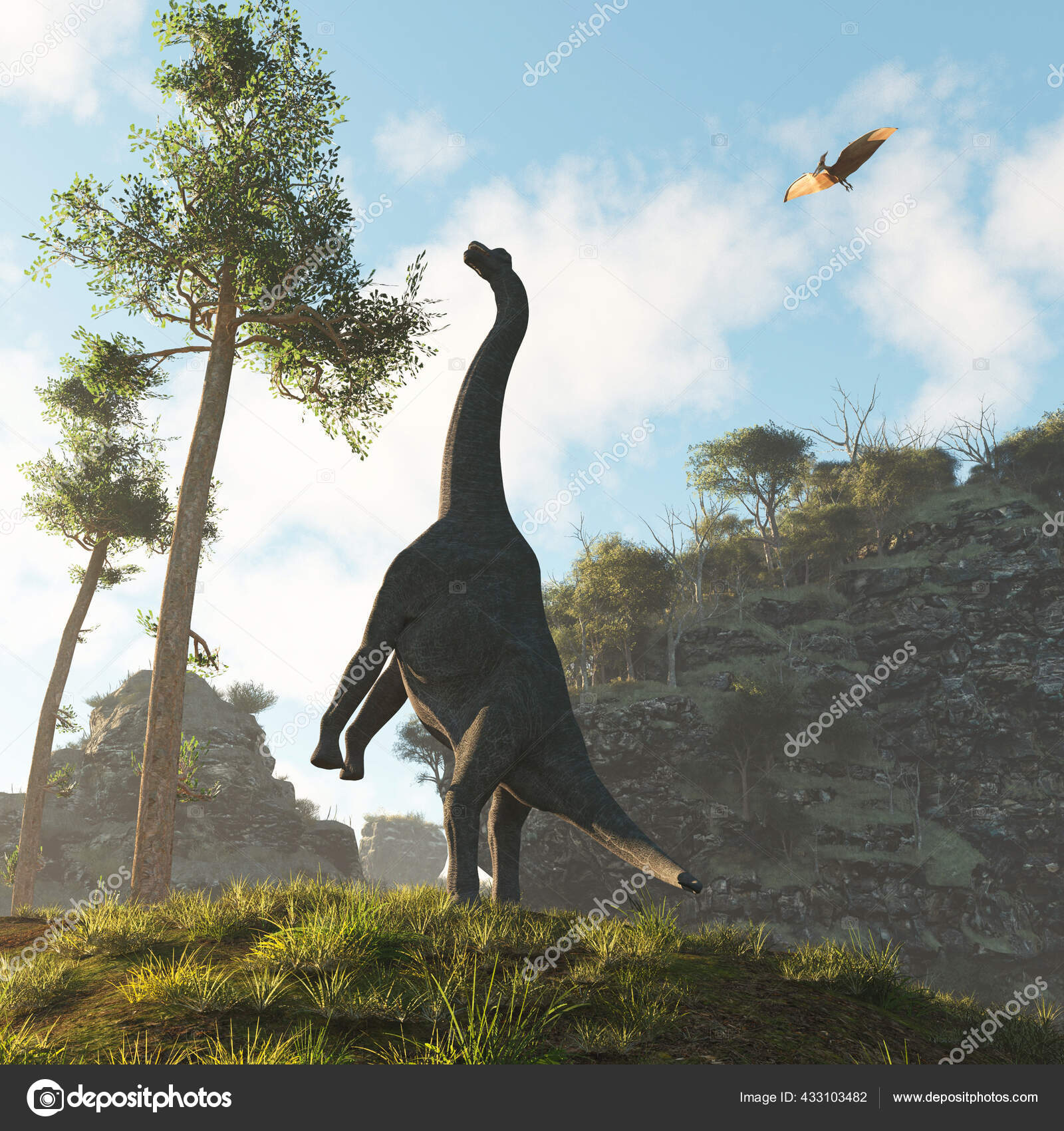 Brachiosaurus Dinosaur Valley Eating Pterodactyl Flying Render ...