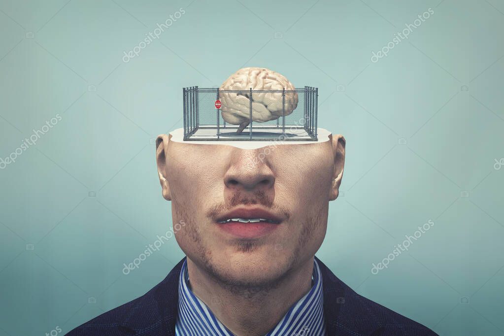 Cerebro humano en una jaula. Concepto de mente cerrada. Pensamiento ...