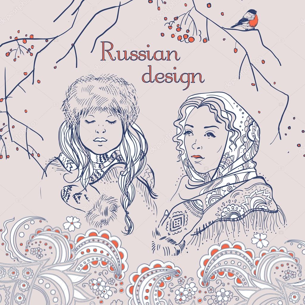 Russian traditional syle set, hand drawn simple sketches of russian ...