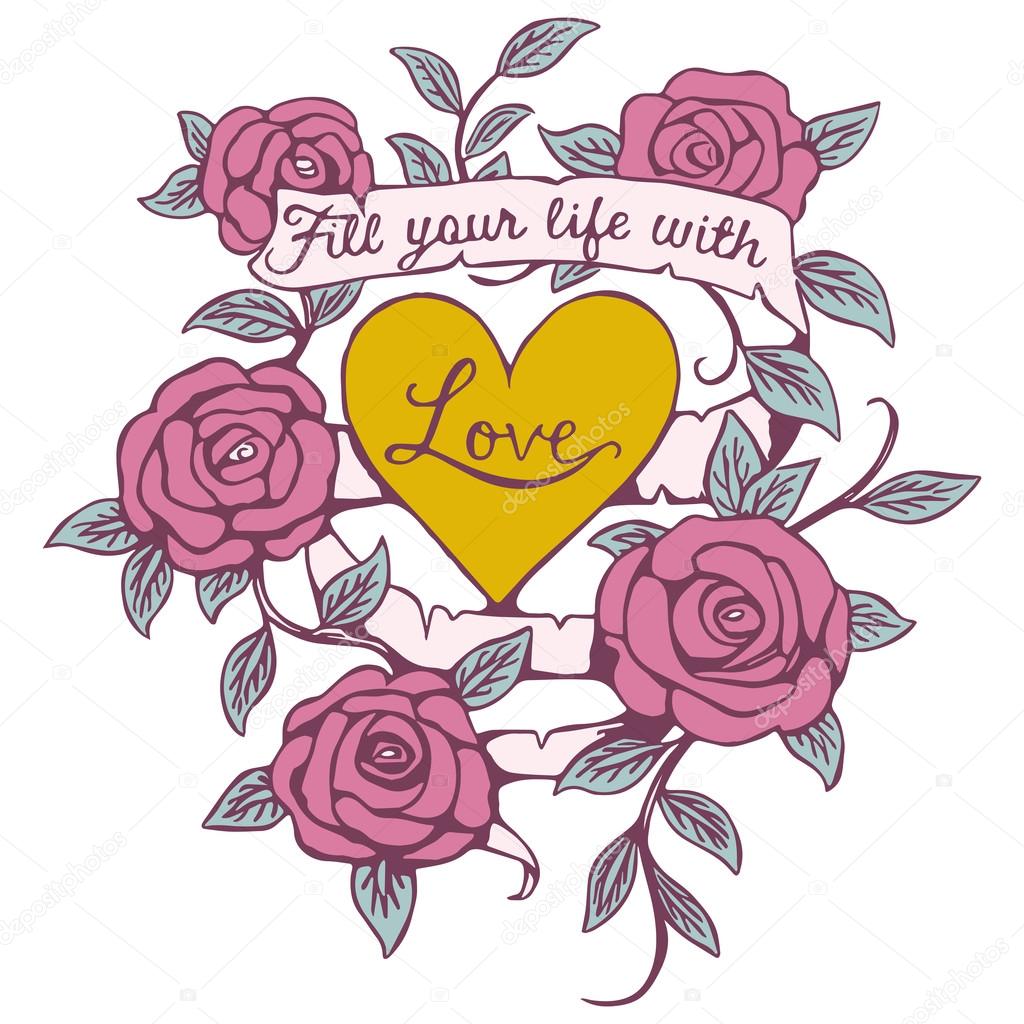 Drawings Of Hearts With Banners And Roses