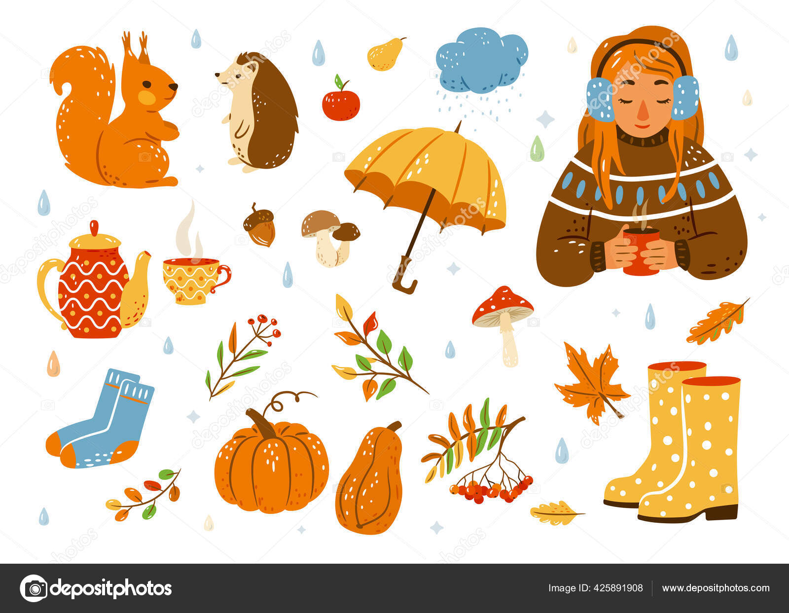 Autumn cozy vector illustration set. Cute cartoon fall sticker with ...