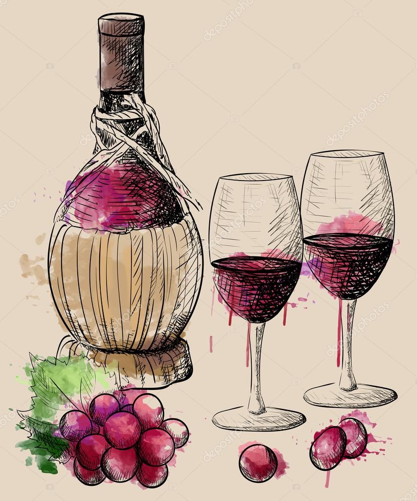Wine Bottle And Grapes Drawing