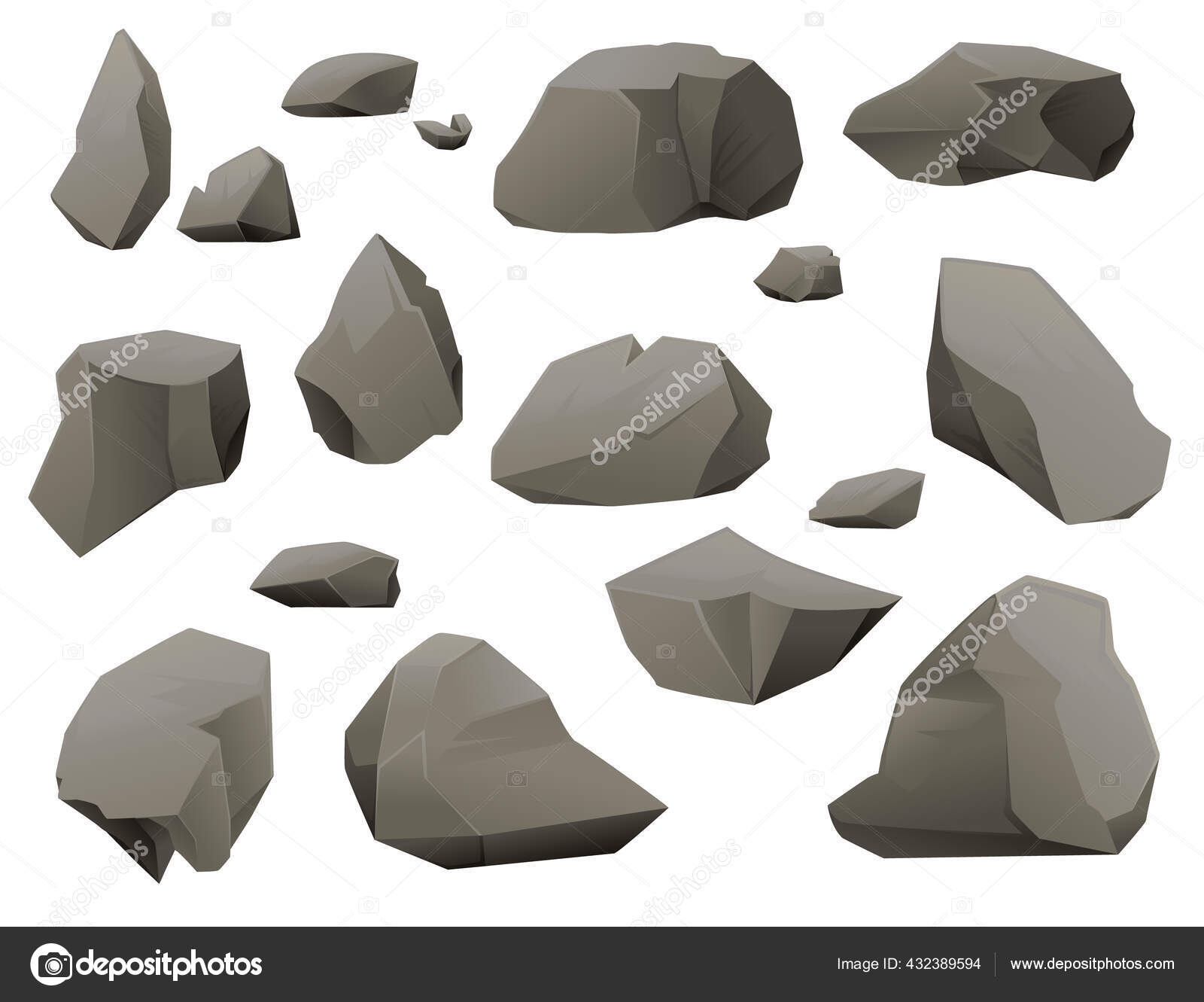 Set of dark gray stones and rocks different sizes and shapes flat ...