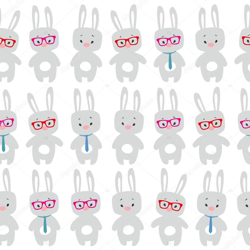 Cute seamless pattern with cartoon rabbits wearing glasses and tie ...