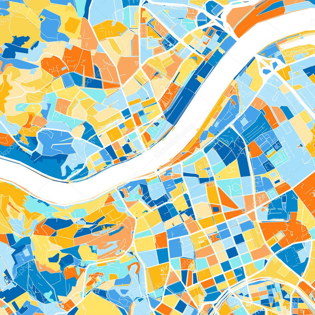 Mapa de arte a color de Linz, Alta Austria, Austria iin blues y naranjas. Las gradaciones de ...