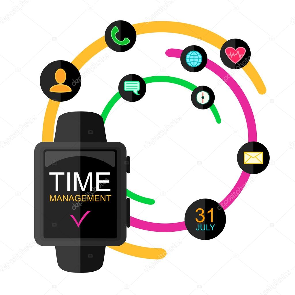 Time Management Concept. Smart Watch with Icons and Buttons. Flat Style ...