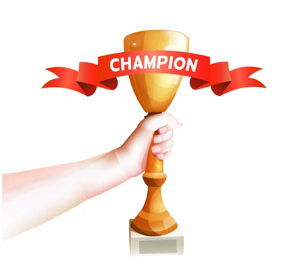 Hand Holding Up Trophy Vector Winner Cup Illustration Red Ribbon