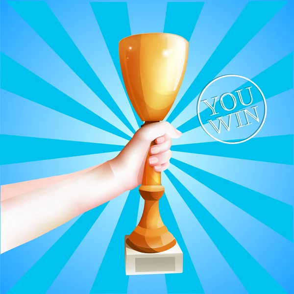 Hand Holding Up Trophy Vector Winner Cup Illustration Red Ribbon