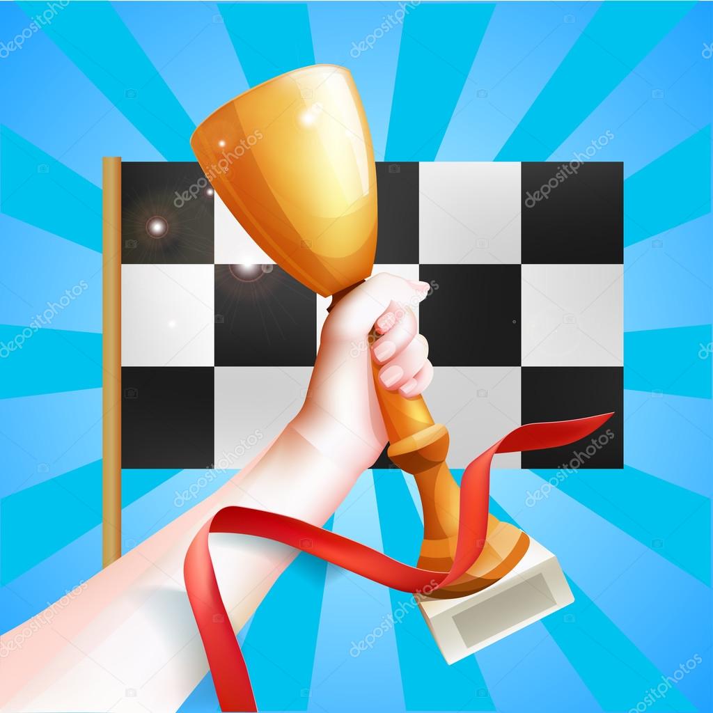 Hand Holding Up Trophy. Vector Winner Cup Illustration with Red Ribbon ...