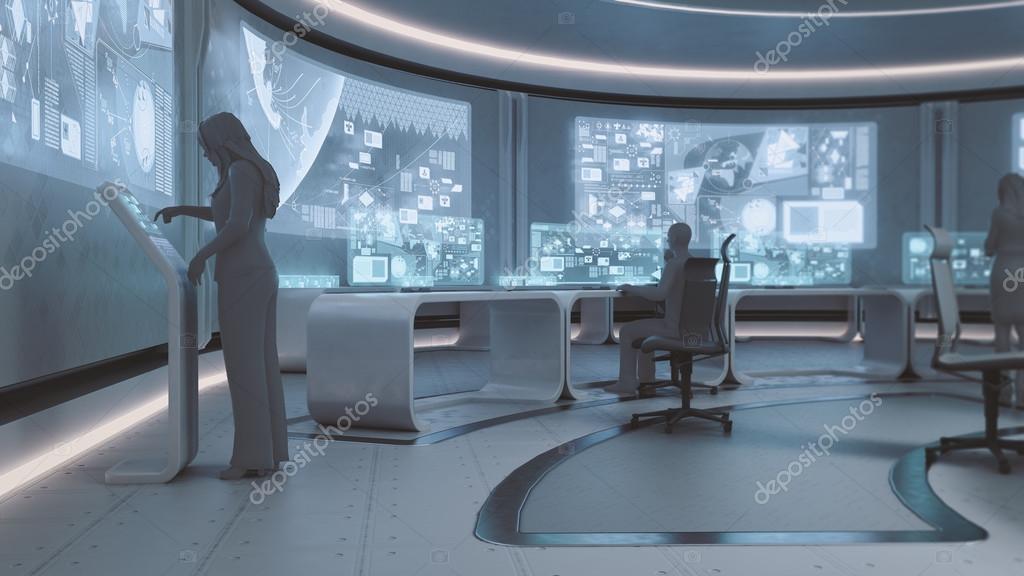 Modern, futuristic command center interior with people silhouettes ...
