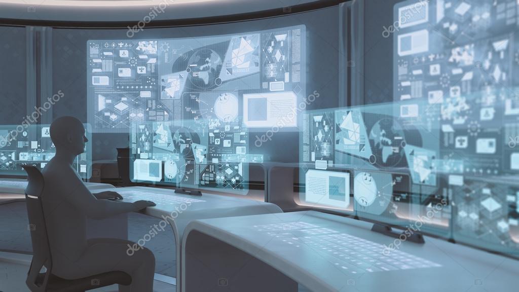 Modern, futuristic command center interior with people silhouettes ...
