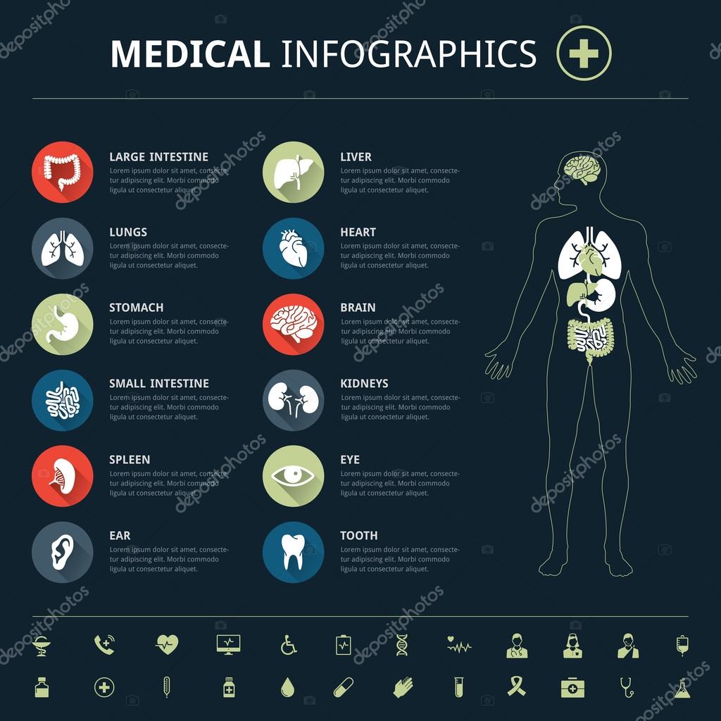 Medical human organs icon set with human body and world map info ... Medical human organs icon set with human body and world map info ...