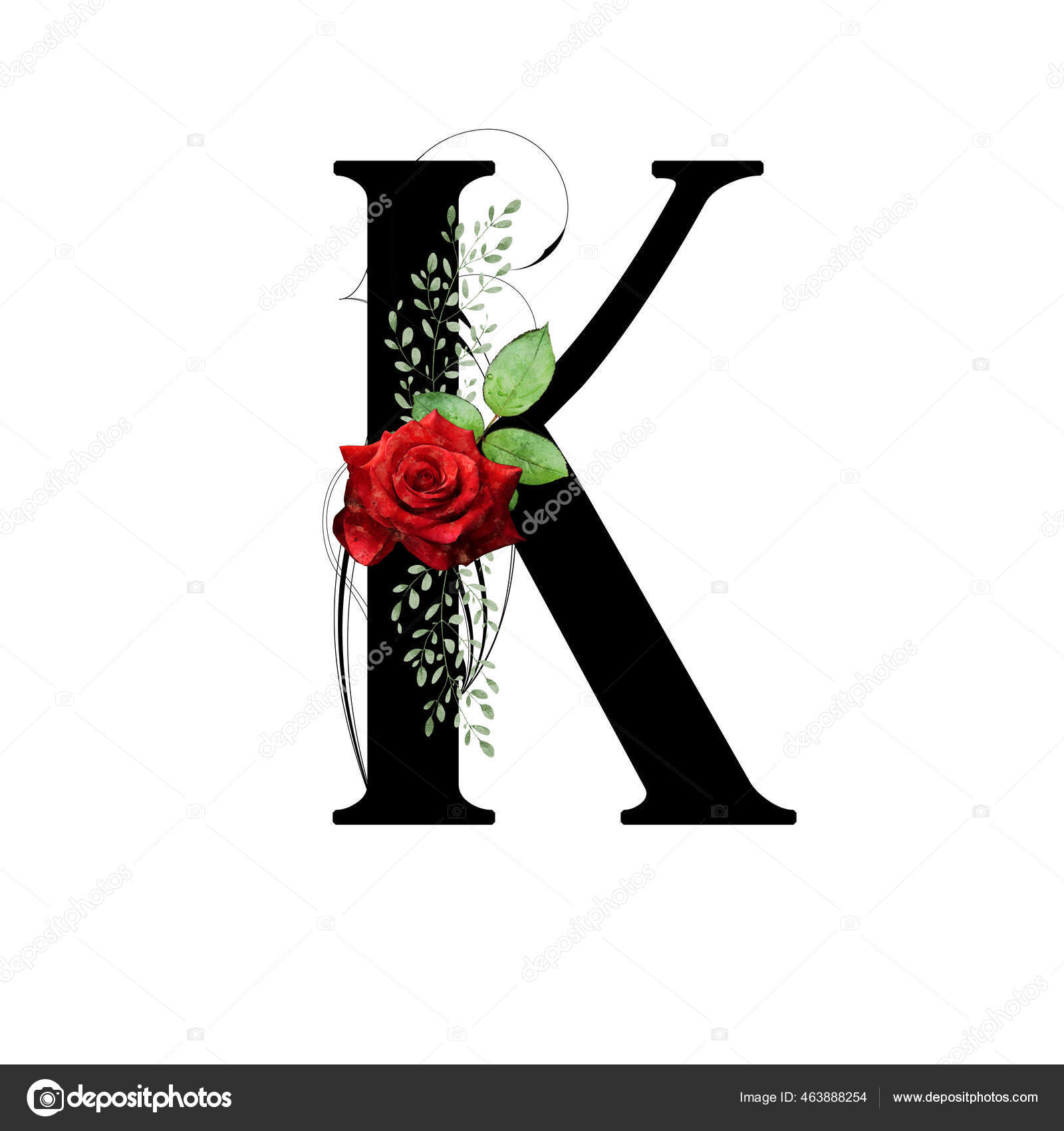Floral Monogram Letter Decorated Red Rose Watercolor Leaves — Stock ...