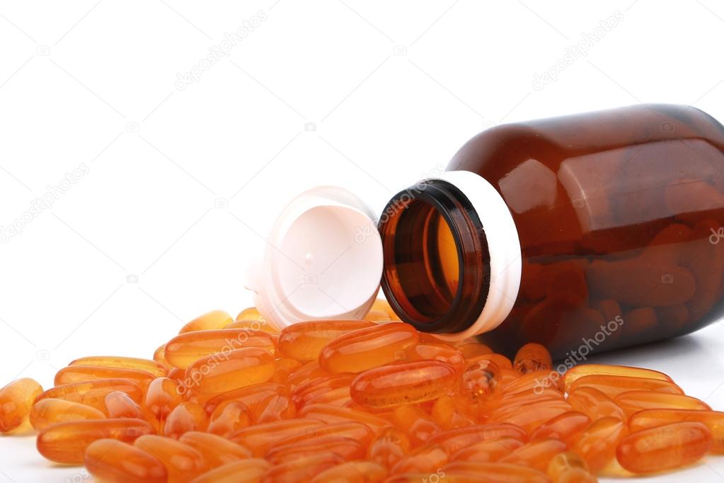 Cod liver oil omega 3 gel capsules isolated on white background — Stock ...