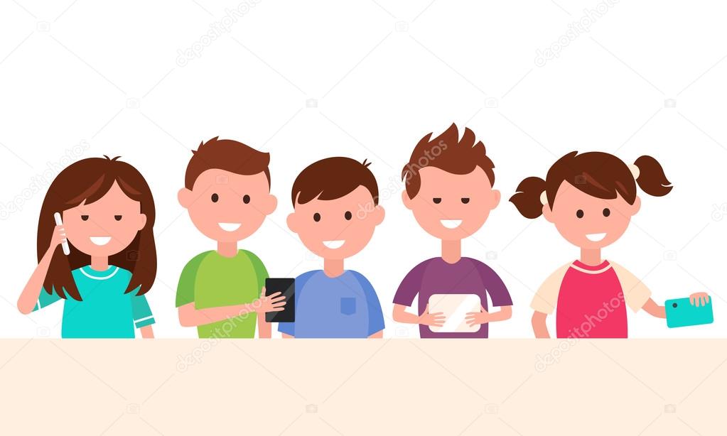 Kids Using Their Gadgets. Children and Technology Concept Illustration ...